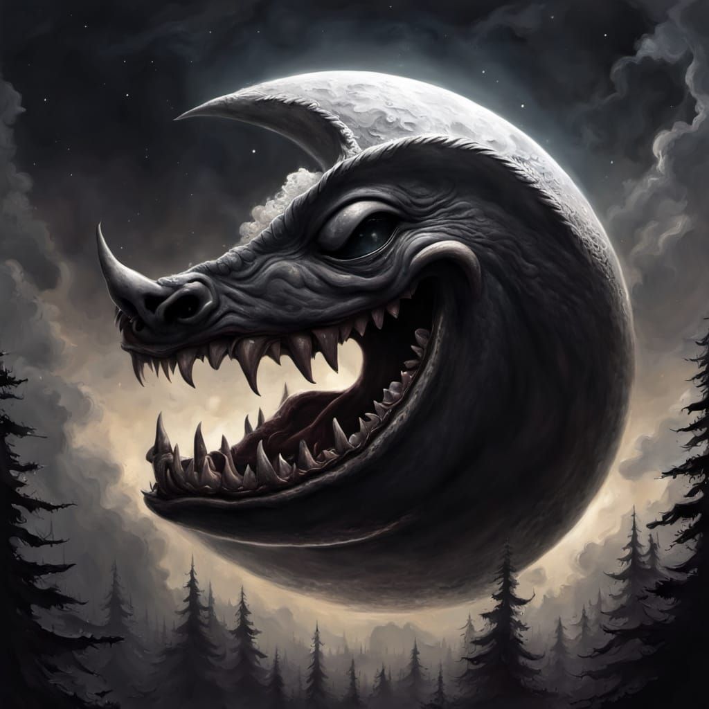 Hyperrealistic Crescent Moon Smiles Sinisterly Dow... - AI Art