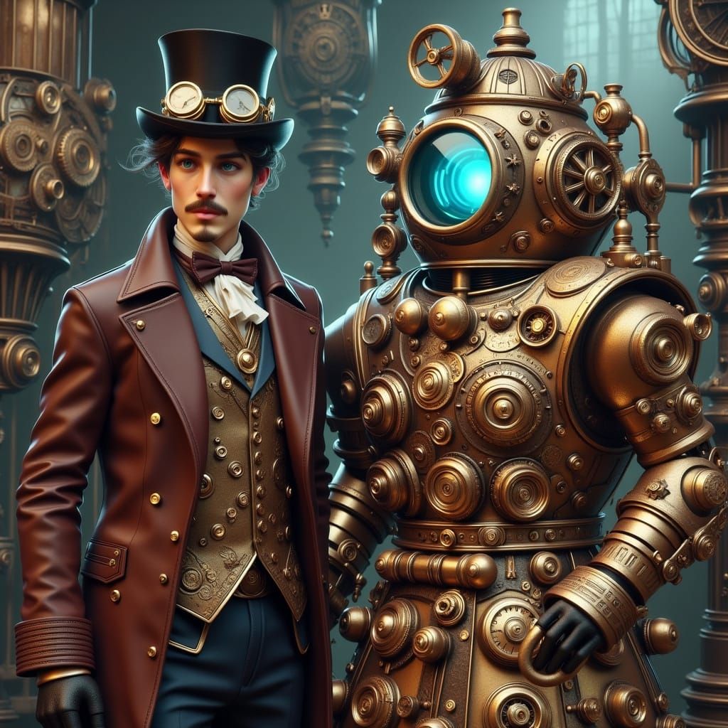A Steampunk Dr Who standing next to a Steampunk Robot