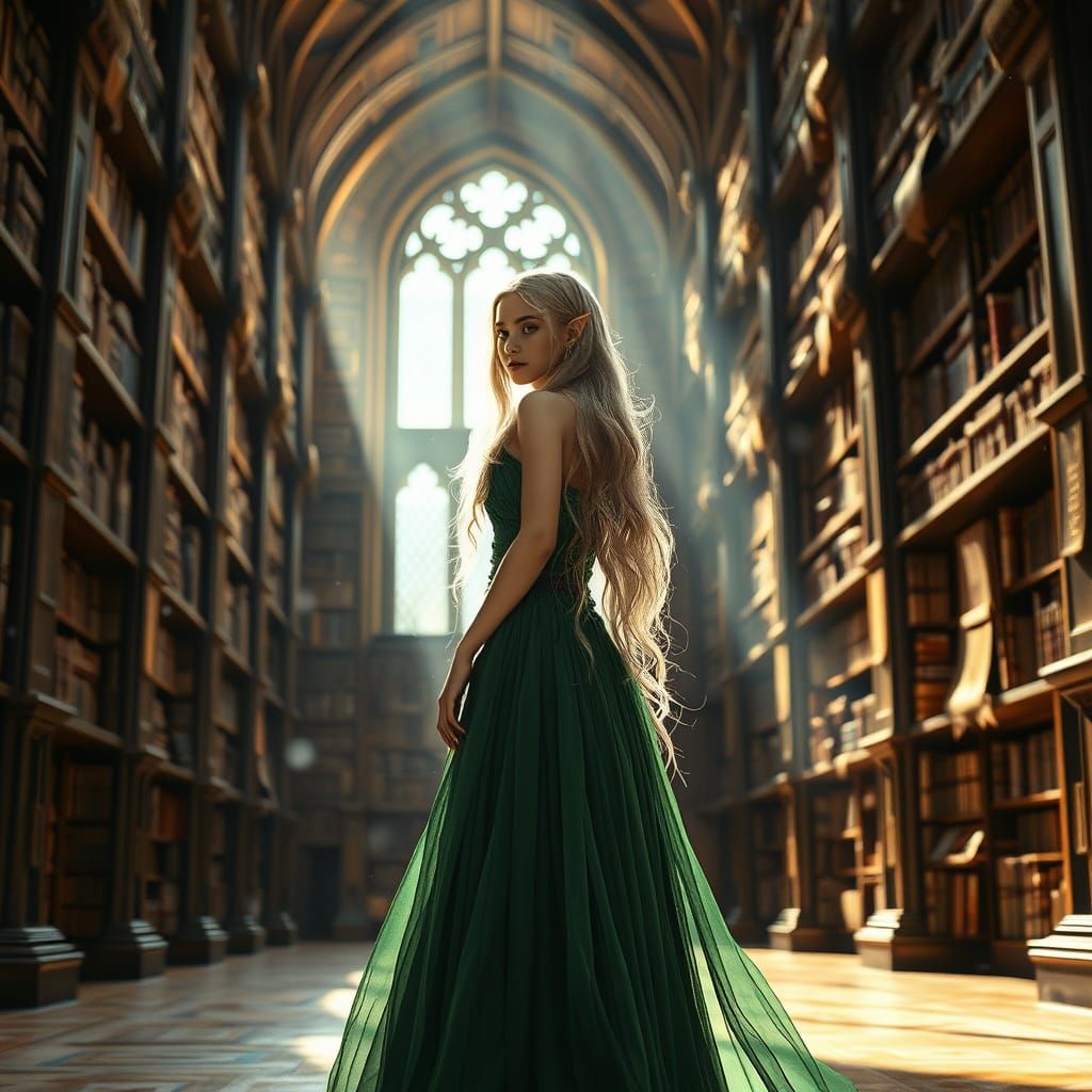 Elegant Elven Princess in a Grand Library - AI Art