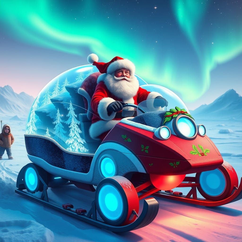 Surreal Santa Cruises in on a Digital Snowmobile t... - AI Art