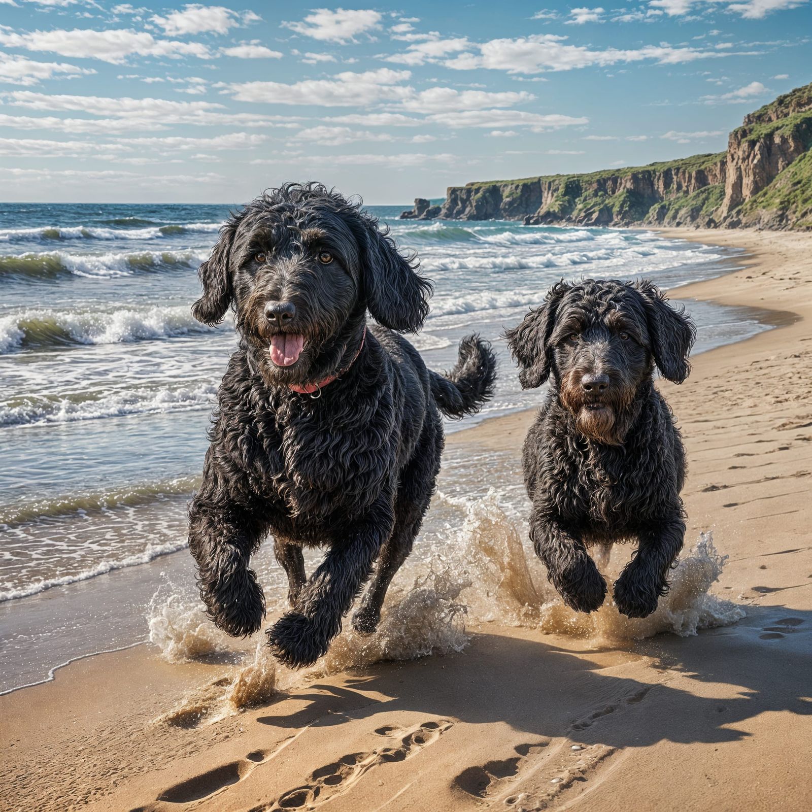 Two Black Labradoodles Running on a Sandy Beach at... - AI Art