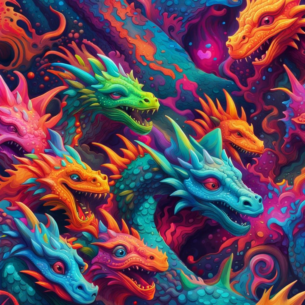 Psychedelic baby dragons swimming in a vibrant reef, intricate, colourful, bright, highly ...