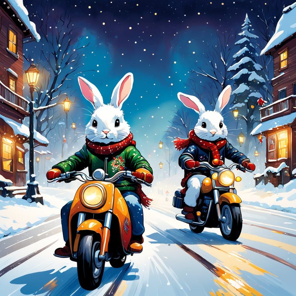 cute bunny motorcycle gang on the road at December... - AI Art
