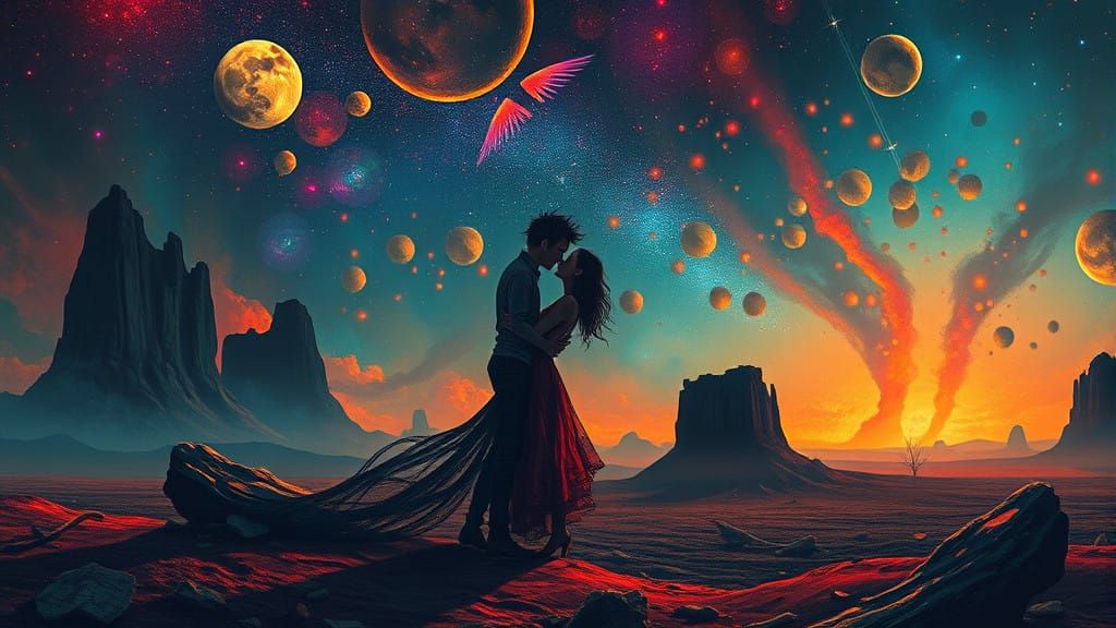 Ethereal Star-Crossed Lovers in Cosmic Dreamscape - AI Art
