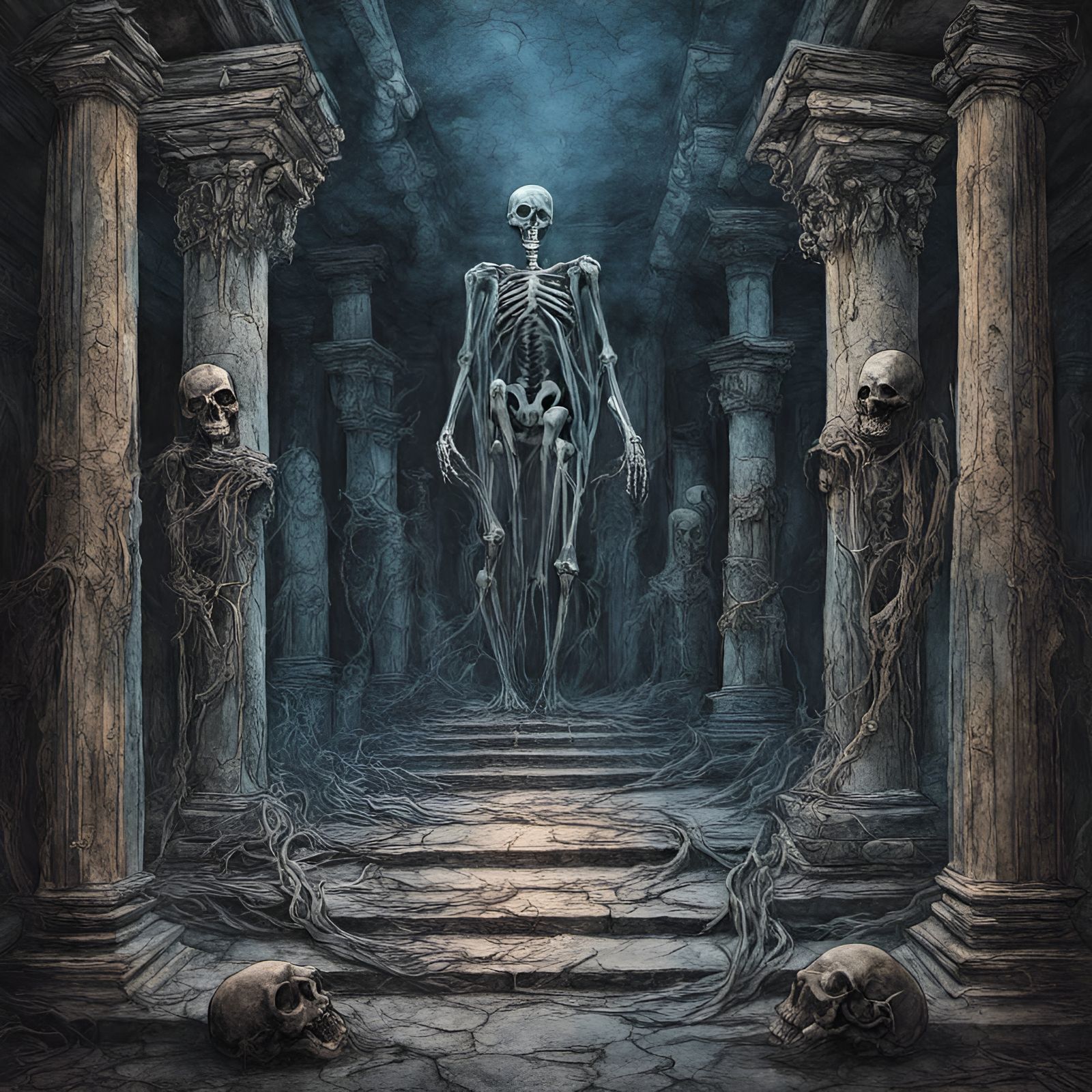 Satanism in hell between two skeleton pillars in catacombs blue and ...