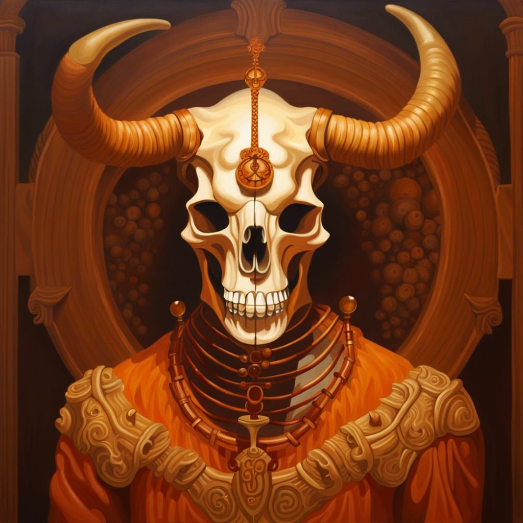 An intricately detailed surreal oil portrait of an anthropomorphic bull ...