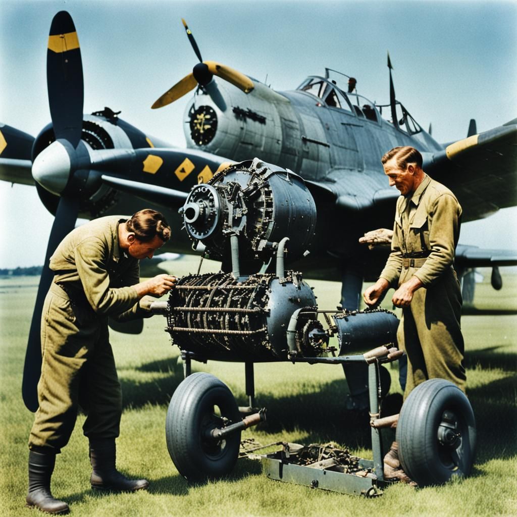 A ground crew member starts a Ju 87 Stuka's engine with a hand crank ...