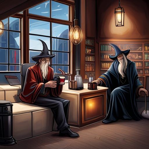 wizard and warlock at Starbucks with coffee - AI Generated Artwork ...