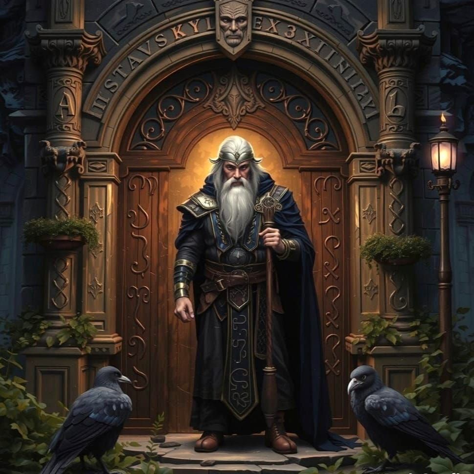 Odin, the old Norse god, stands majestically gripping Gungnir, his rune ...