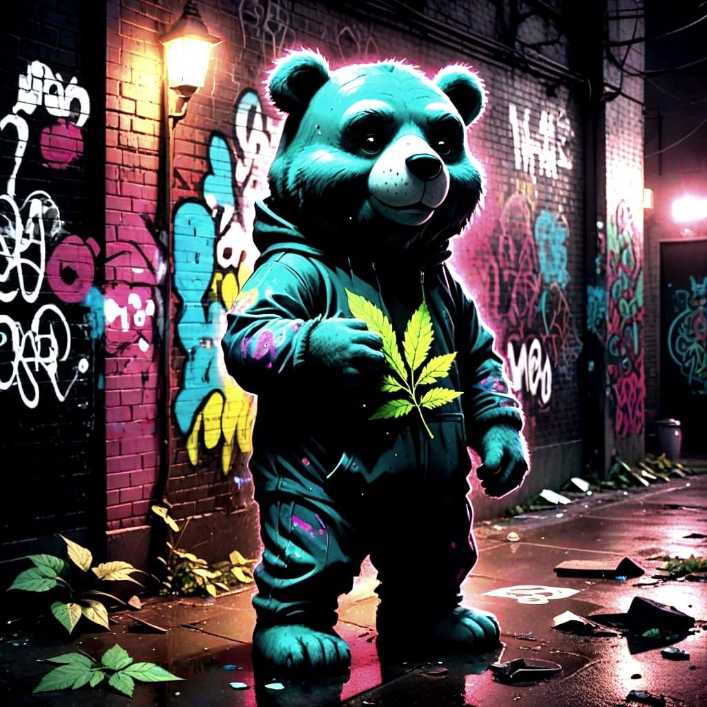 Street Art Horror Scene with a Weed Care Bear - AI Art
