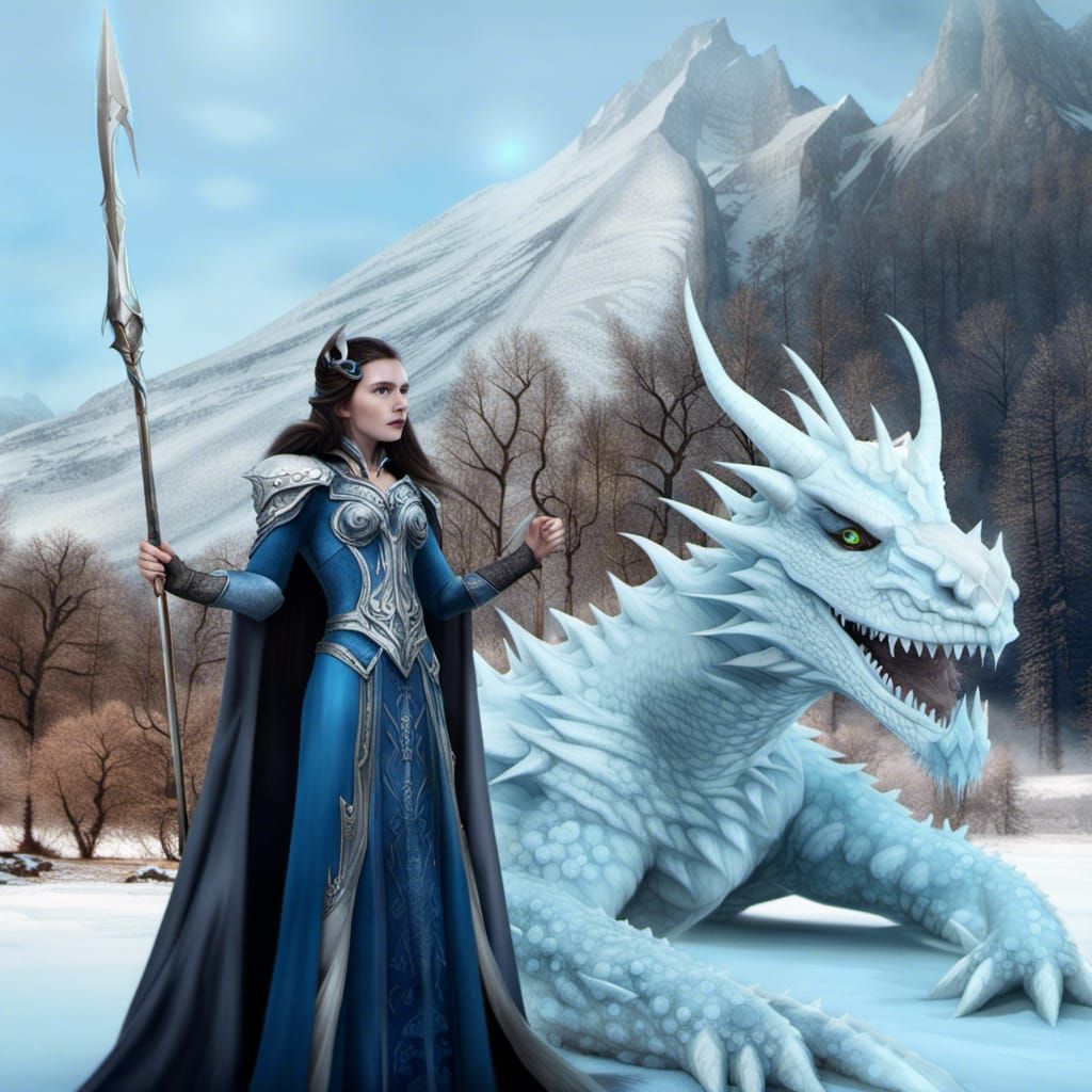 ice elf queen, fur coat, holding spear, standing in front of dead blue ...