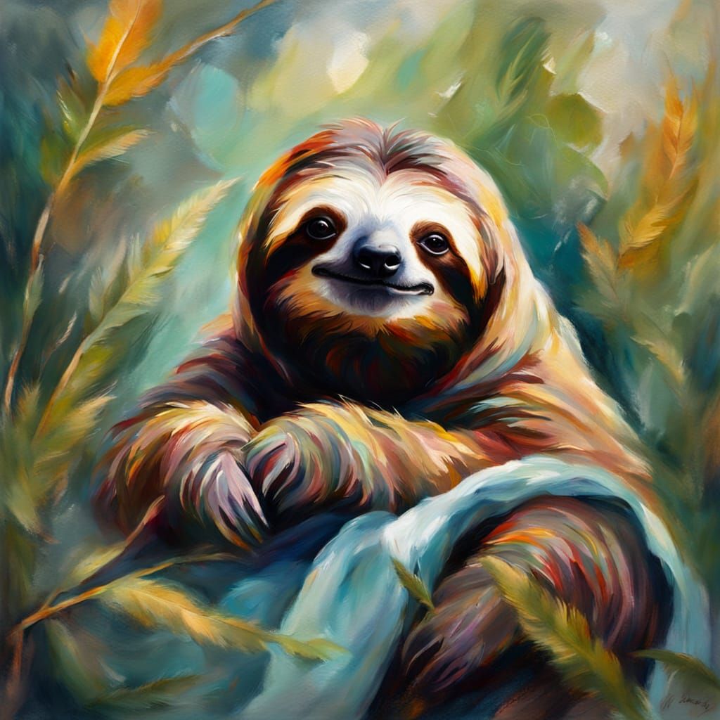 Sloth in Whimsical Oil Painting with Soft Focus an... - AI Art