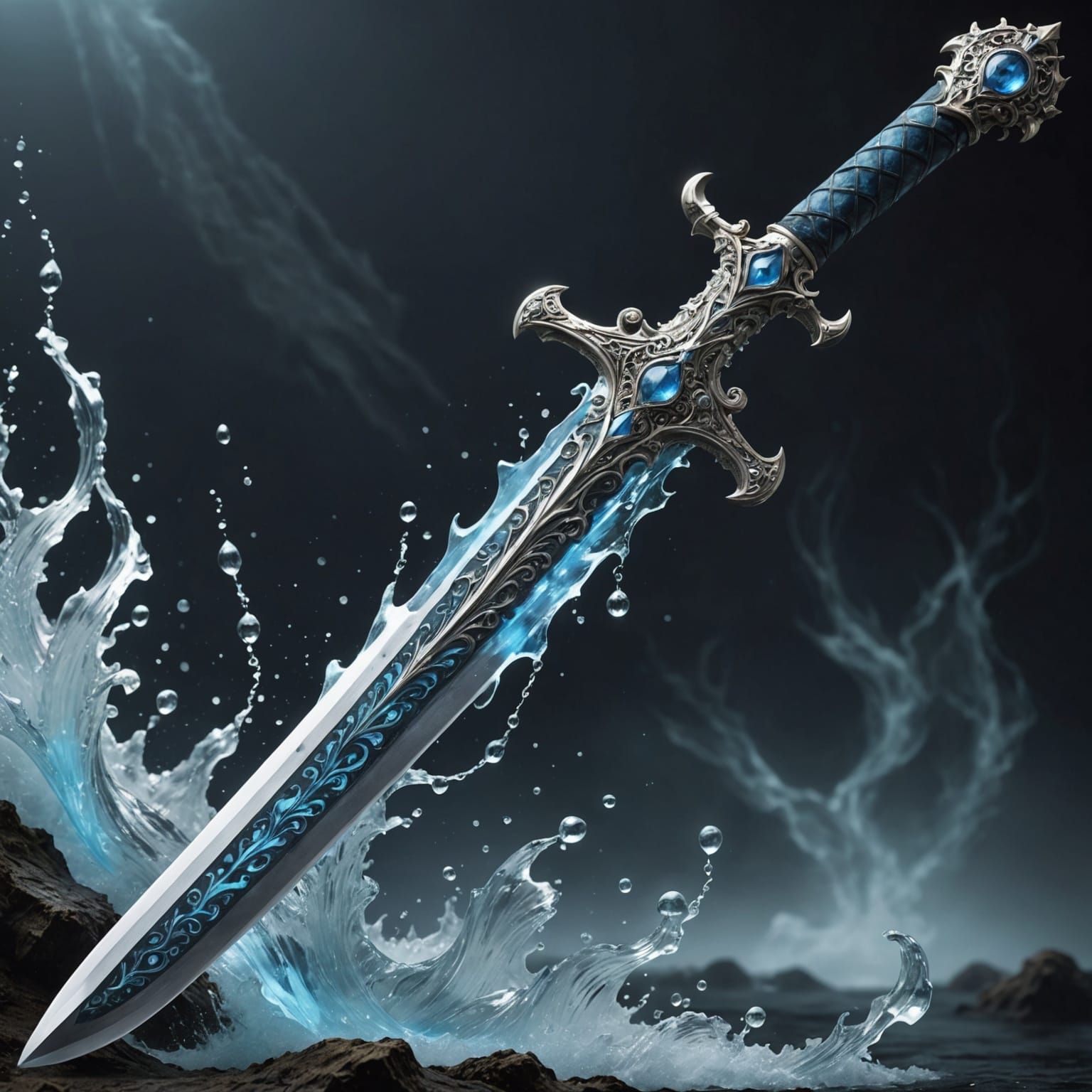 Wave-Forged Sword - Ethereal Water Blade with Aquamarine Acc...