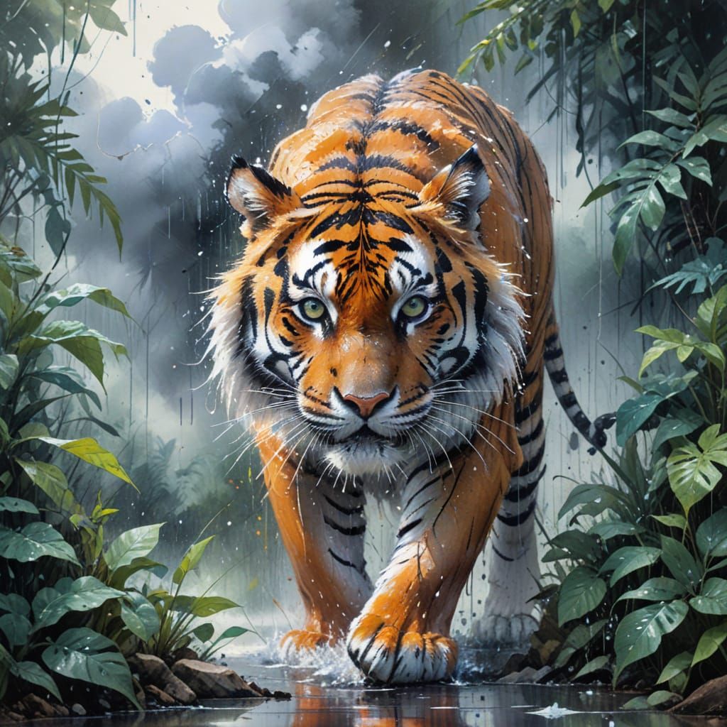 Surreal Tiger Emerges from Stormy Jungle Landscape - AI Art