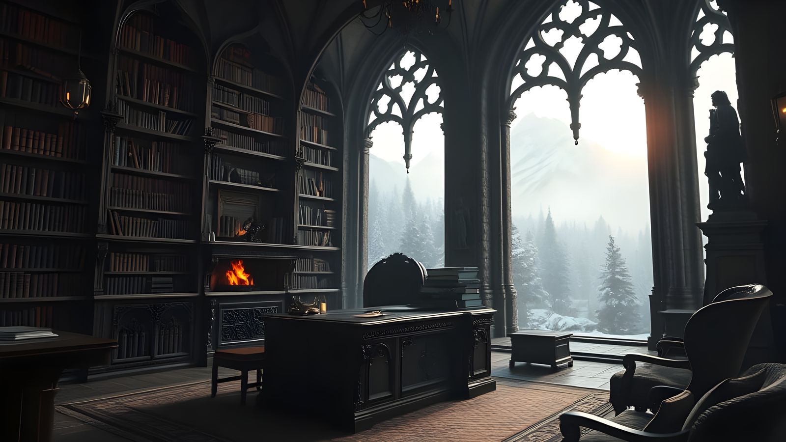 Gothic Castle Library Interior with Majestic Desk ... - AI Art