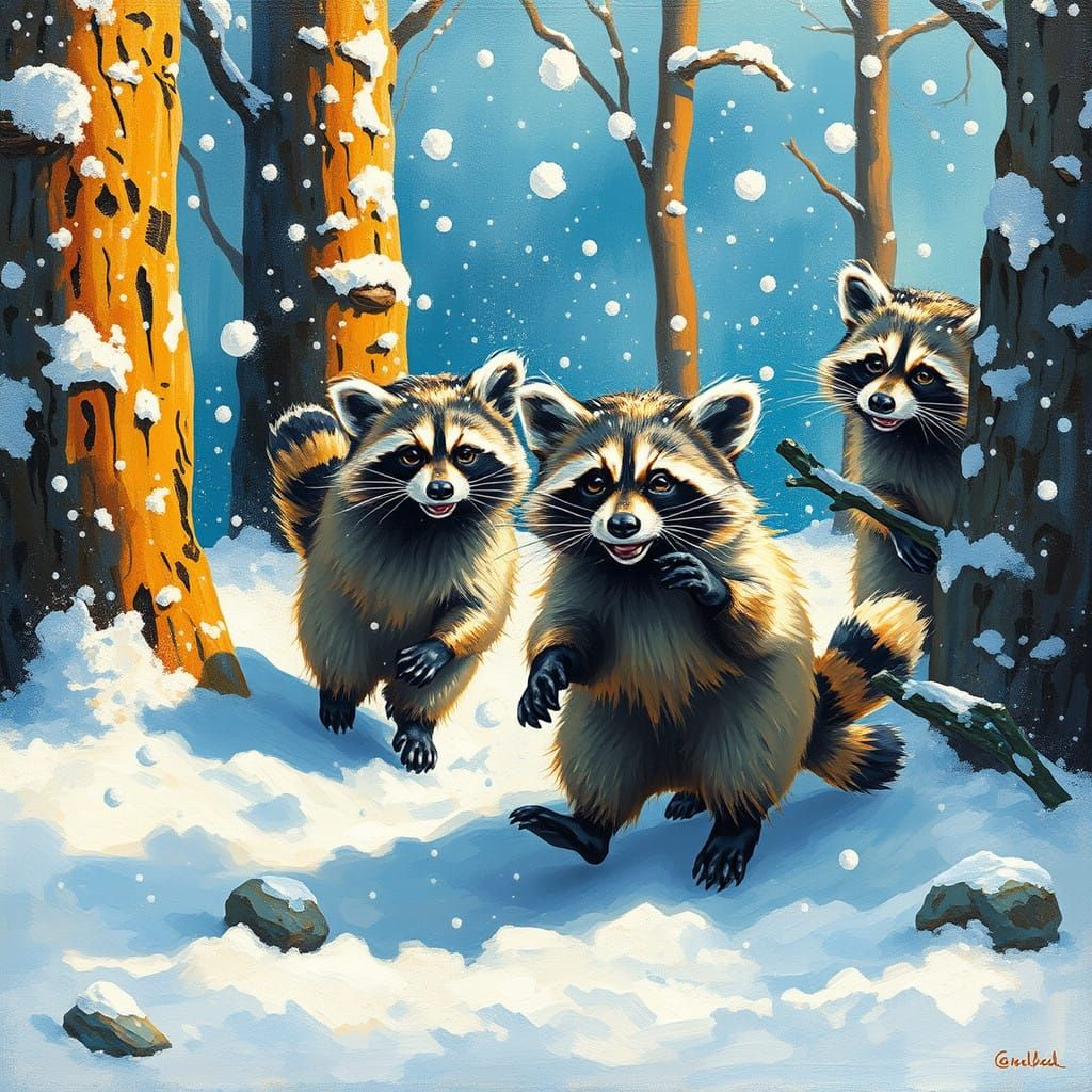 Raccoons in snow day - Winter Wonderland Raccoons in Whimsic...