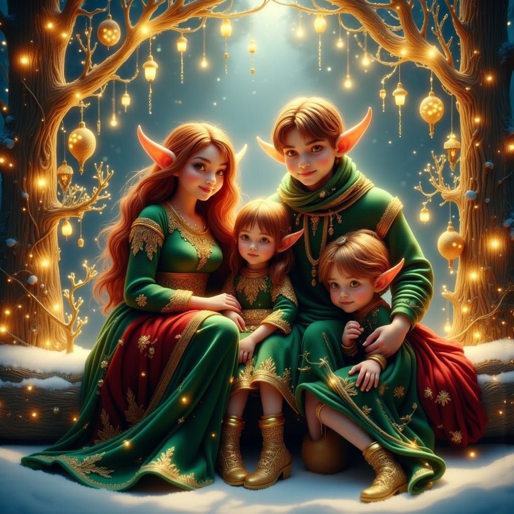 Whimsical Woodland Elf Family Portrait in Festive ... - AI Art