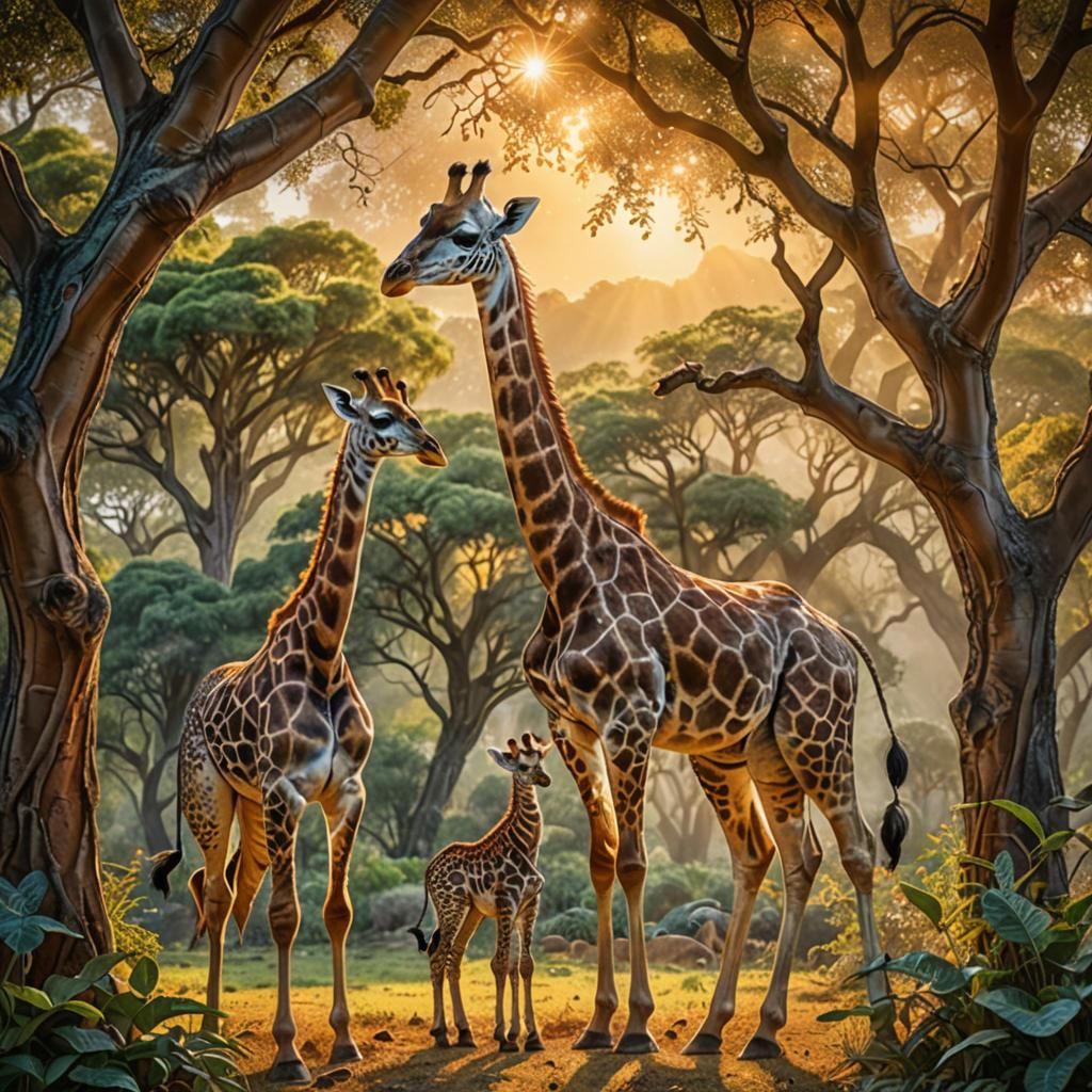 Giraffe Mother Embracing Her Two Babies Under a Ta... - AI Art