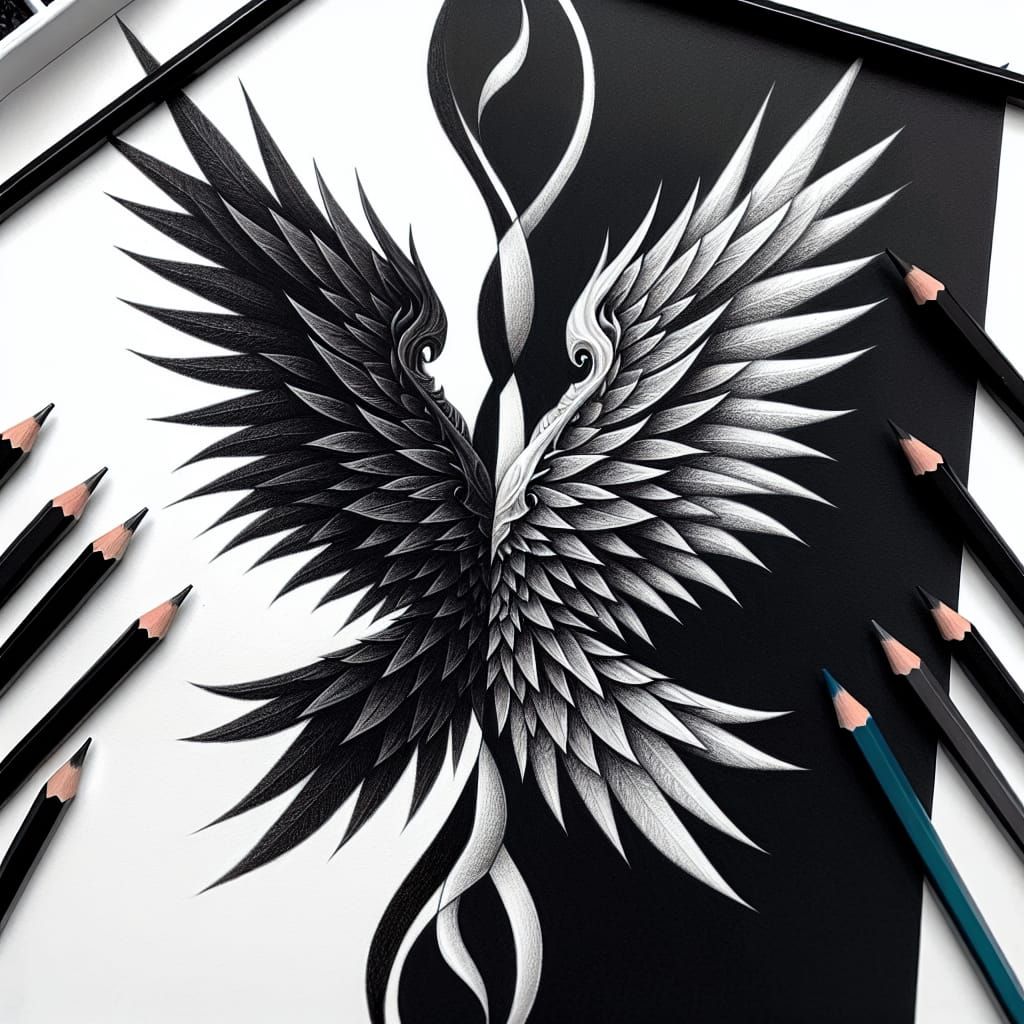 Surreal Demon Wings in Monochromatic Pencil Drawin... - AI Art
