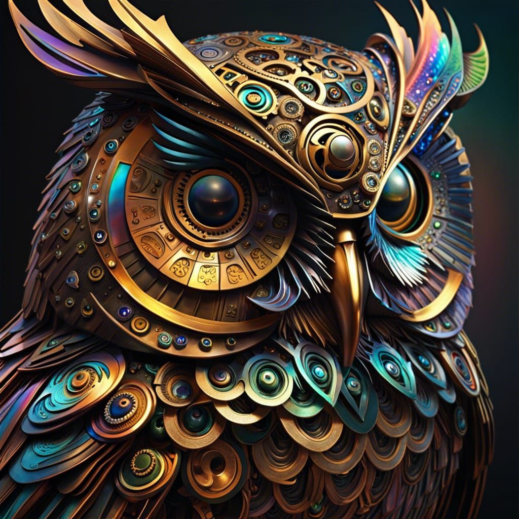 Mystical steampunk metal owl, Hyperrealistic, splash art, concept art, intricately detailed ...