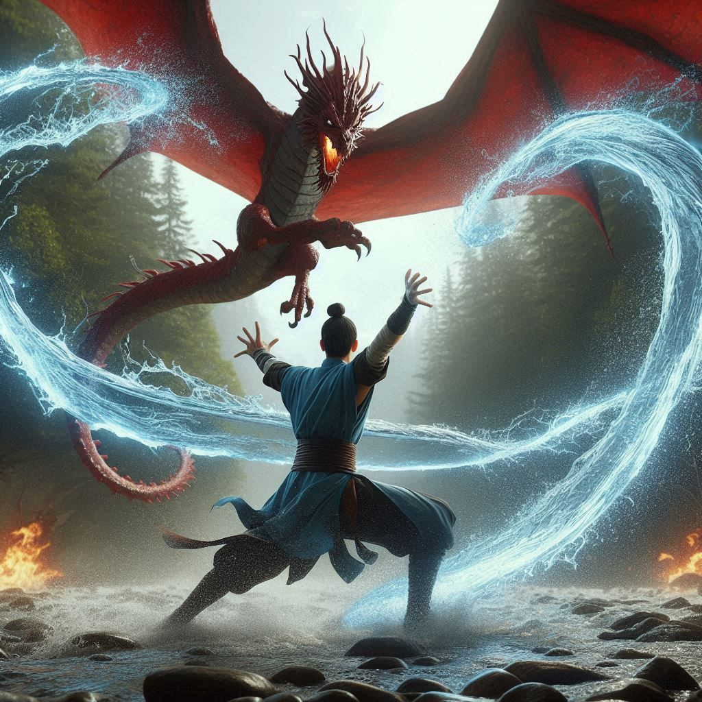 Water bender fighting fire dragon - AI Generated Artwork - NightCafe ...
