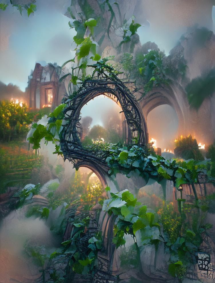 Garden arch, overgrown vines on a castle sinister by Greg Rutkowski ...