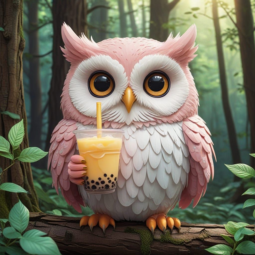 Owl & Bubble Tea - Whimsical Owl Sips Bubble Tea in Enchant...
