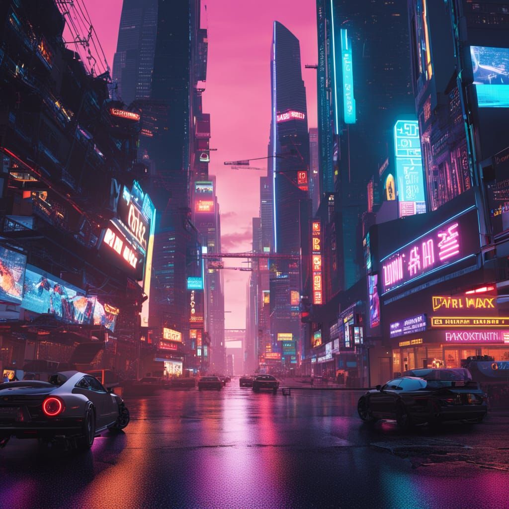Cityscape - Cyberpunk Cityscape at Dusk in Neon Noir Style