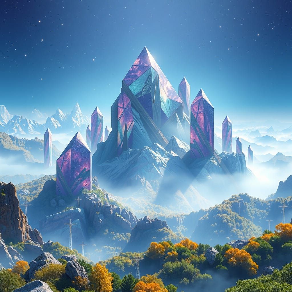 A mystical realm of crystalline structures, where towering gemstone ...