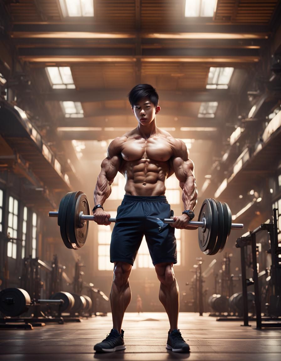 Korean highschooler teen, huge muscle bodybuilder physique, gym around ...