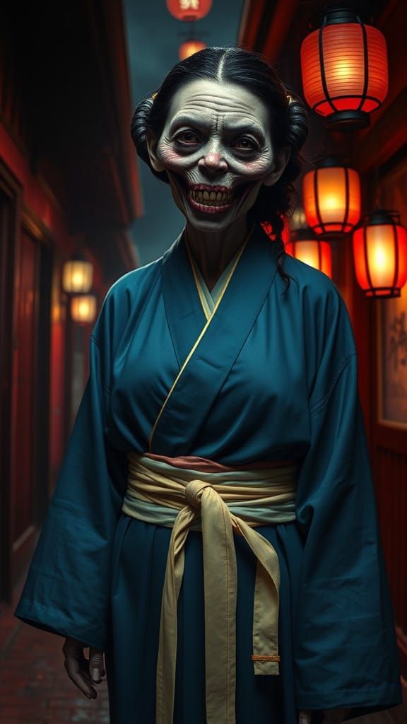 Grotesque Woman in Traditional Japanese Alleyway - AI Art