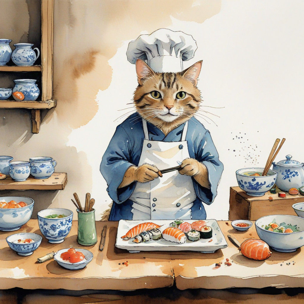 A chef-cat making sushi - Chef Cat Creates Whimsical Sushi ...