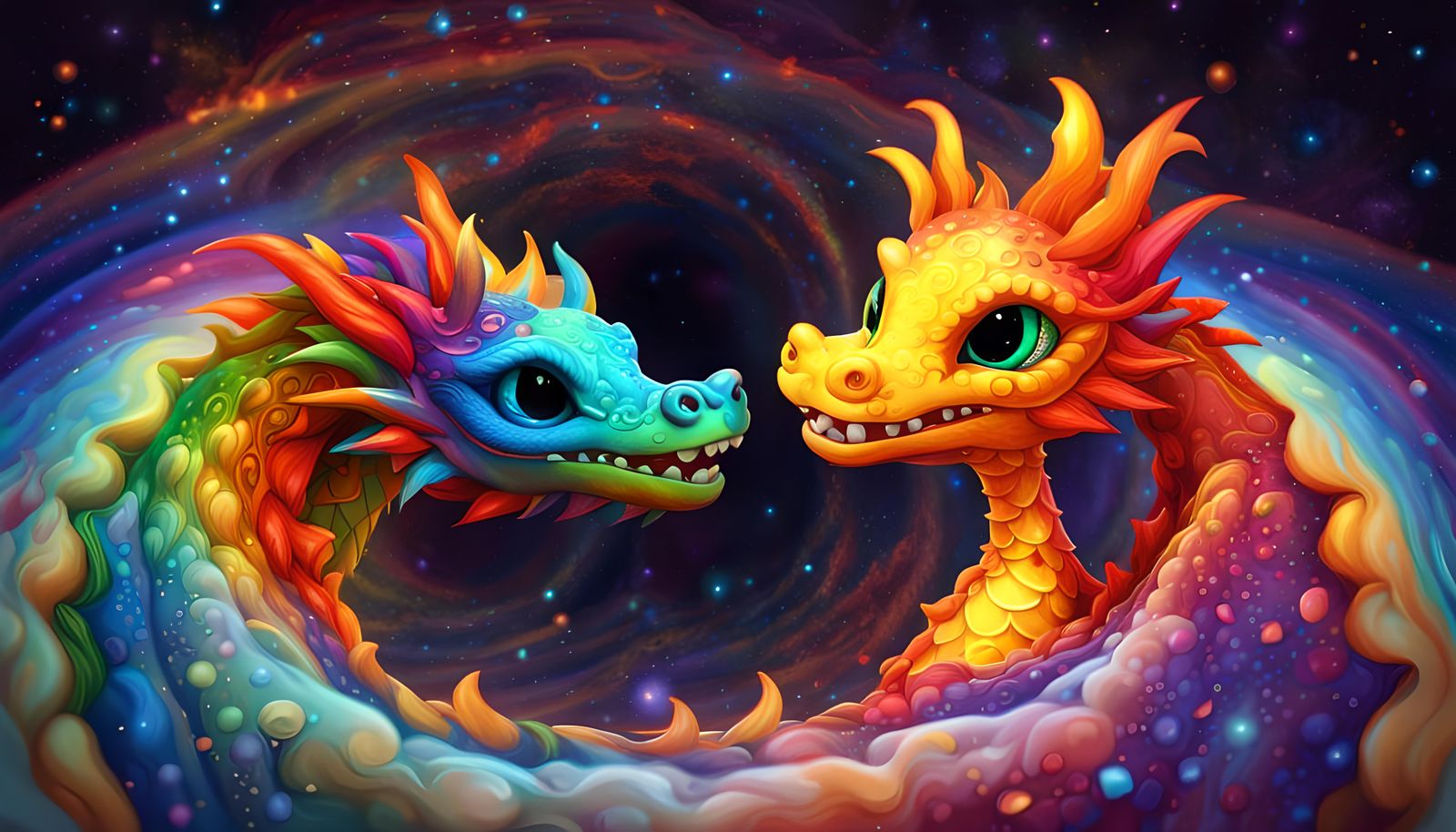 Two Chibi Smiling Dragons :: Glowing with Fire :: Co-Spiraling at ...