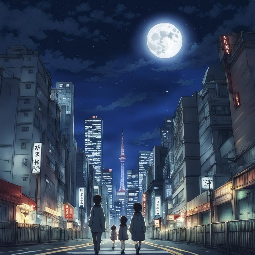 The city of Tokyo under a starry night with the shining, full moon - AI ...