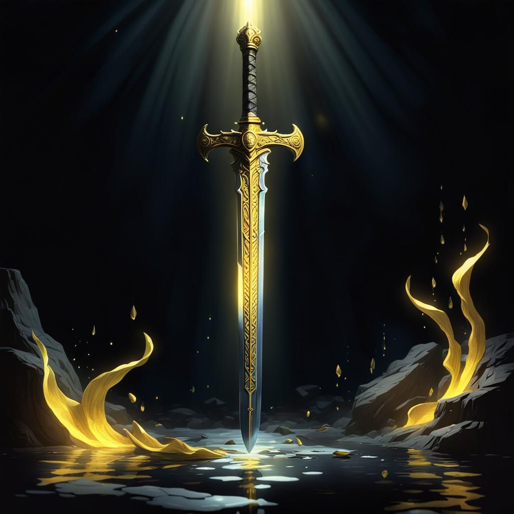 A sword unveils it's hidden powers, glowing yellow and drowning sorrows ...