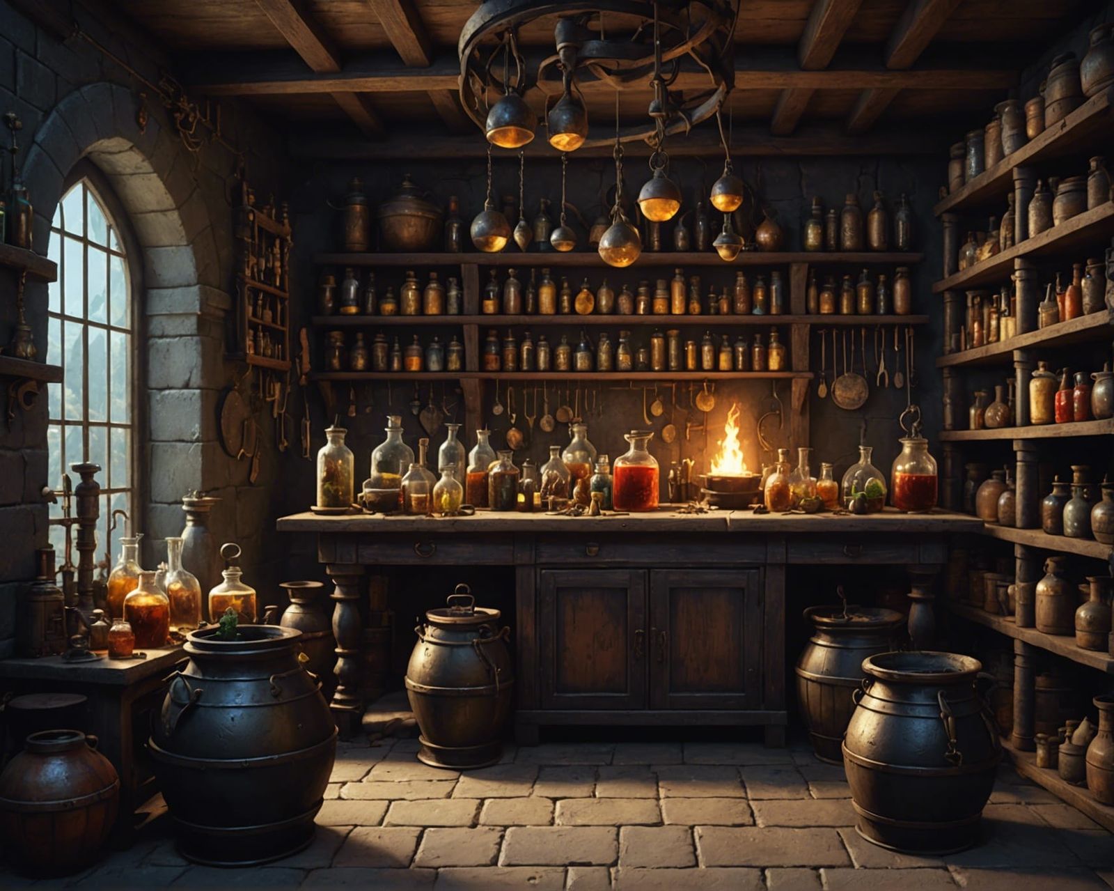 an alchemist's laboratory with chemical apparatus, cauldron, forge and ...