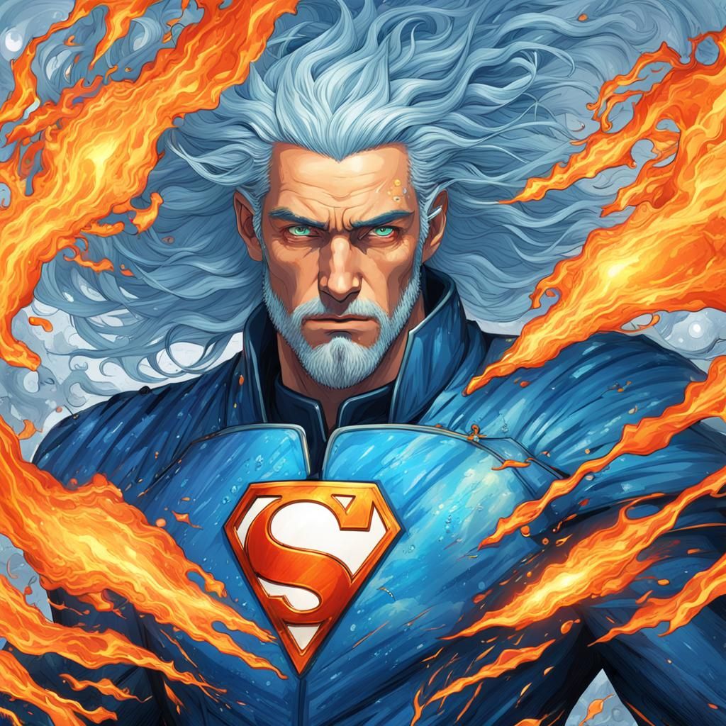 male Superhero, with long ice blue hair hair, blue eyes , power of fire ...