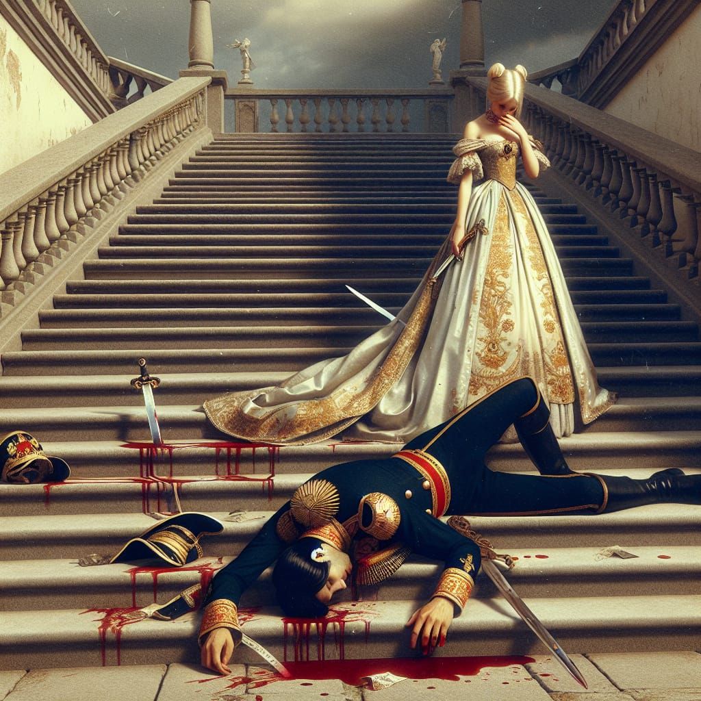 (retrofuturism) The image is of a dead prince sprawled across the ...