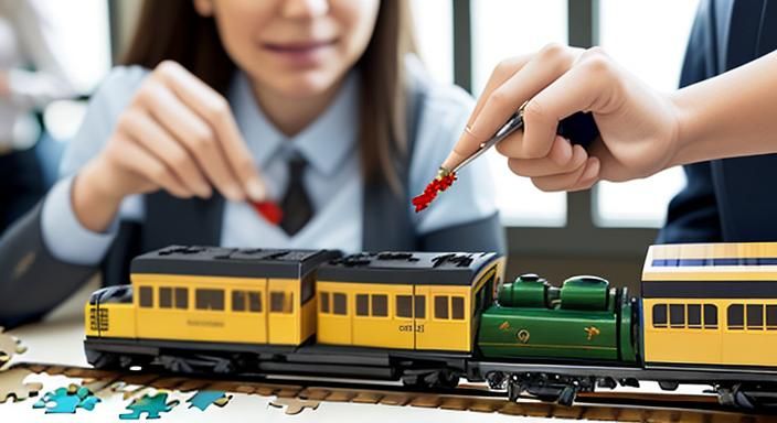 people at an office assembling a train puzzle - AI Generated Artwork - NightCafe Creator