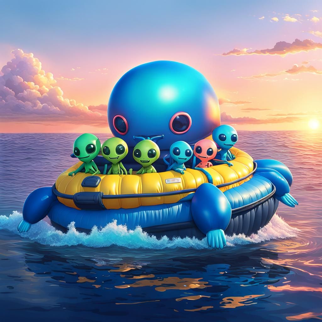 Cute aliens are sitting inside an inflatable life boat. Floating on the ...