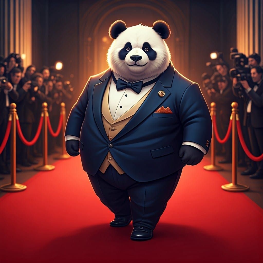 Fat panda wearing a suit on the red carpet