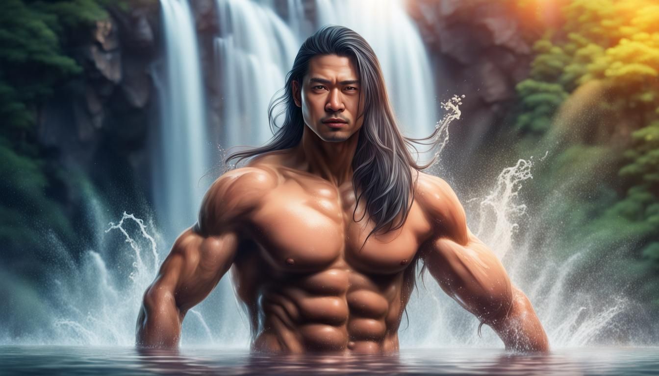 Handsome man muscles long hair standing in waterfall Asian - AI ...