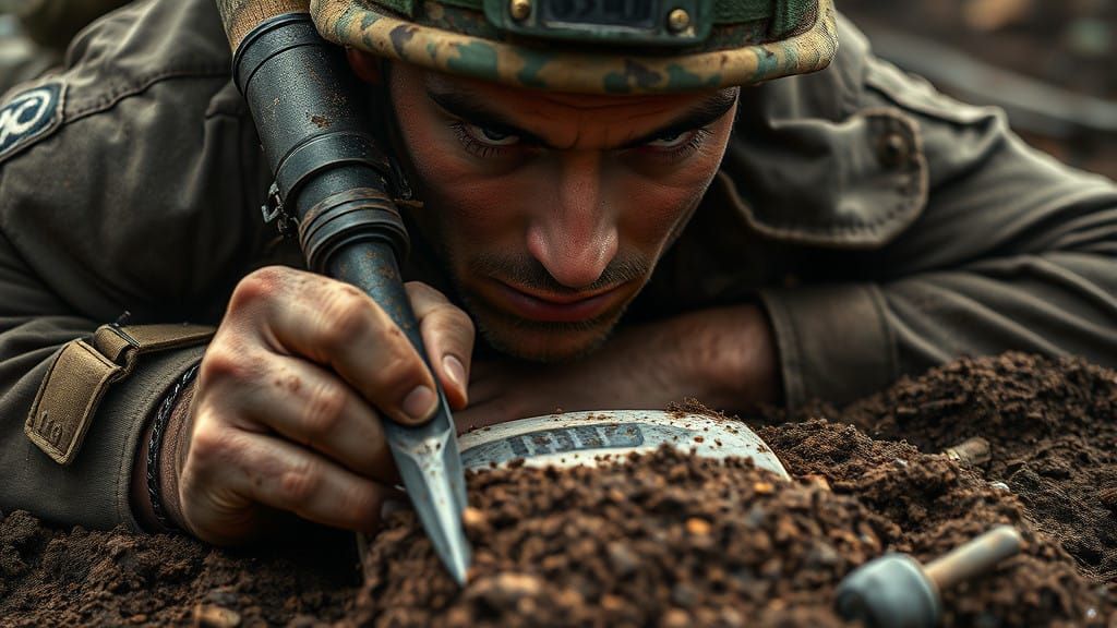 Ukraine sapper soldier lying down prodding the soil in front of him ...