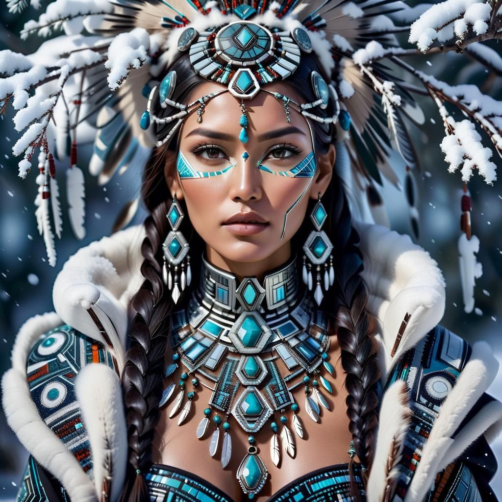 Winter portrait of a beautiful native woman wearing intricately ...