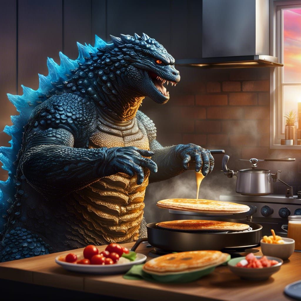 Godzilla is making pancakes in the kitchen - AI Generated Artwork ...
