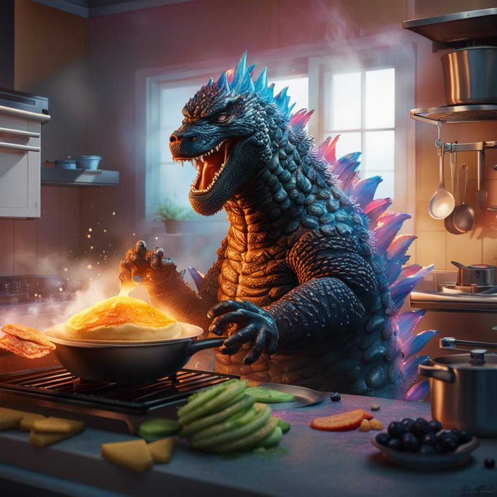 Godzilla cooks in the kitchen - AI Generated Artwork - NightCafe Creator