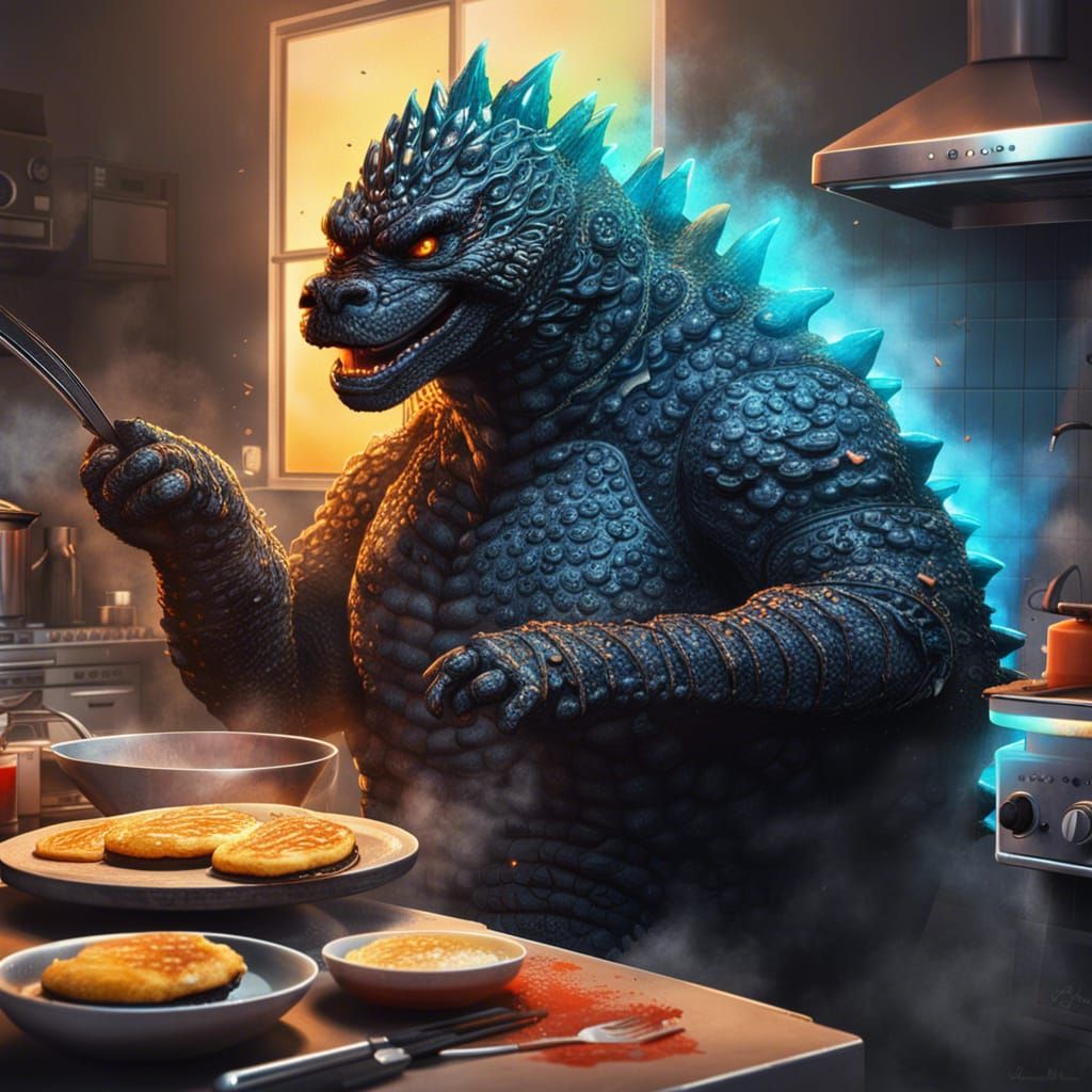 Godzilla is making breakfast in the kitchen - AI Generated Artwork ...