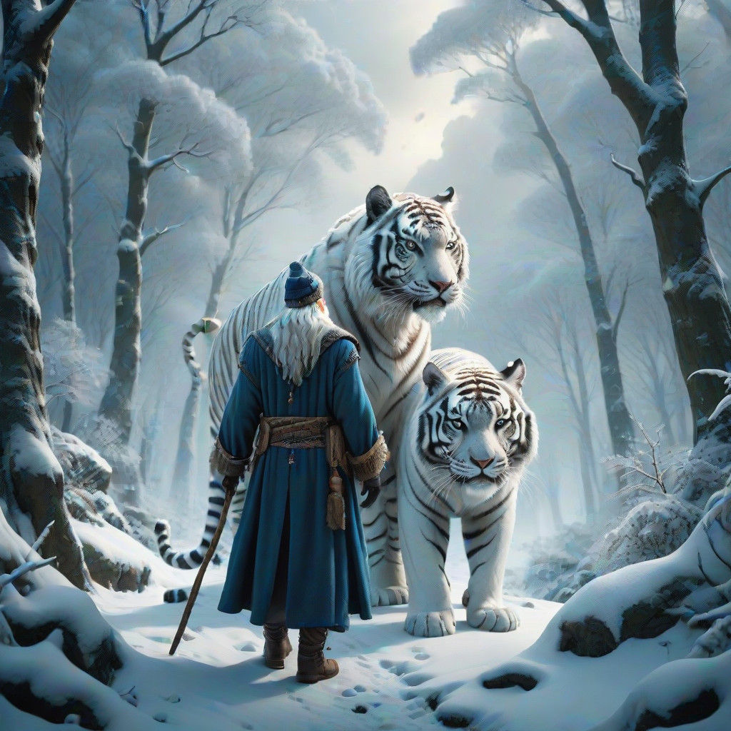 Wizard and White Tiger in a Majestic Wintery Lands... - AI Art