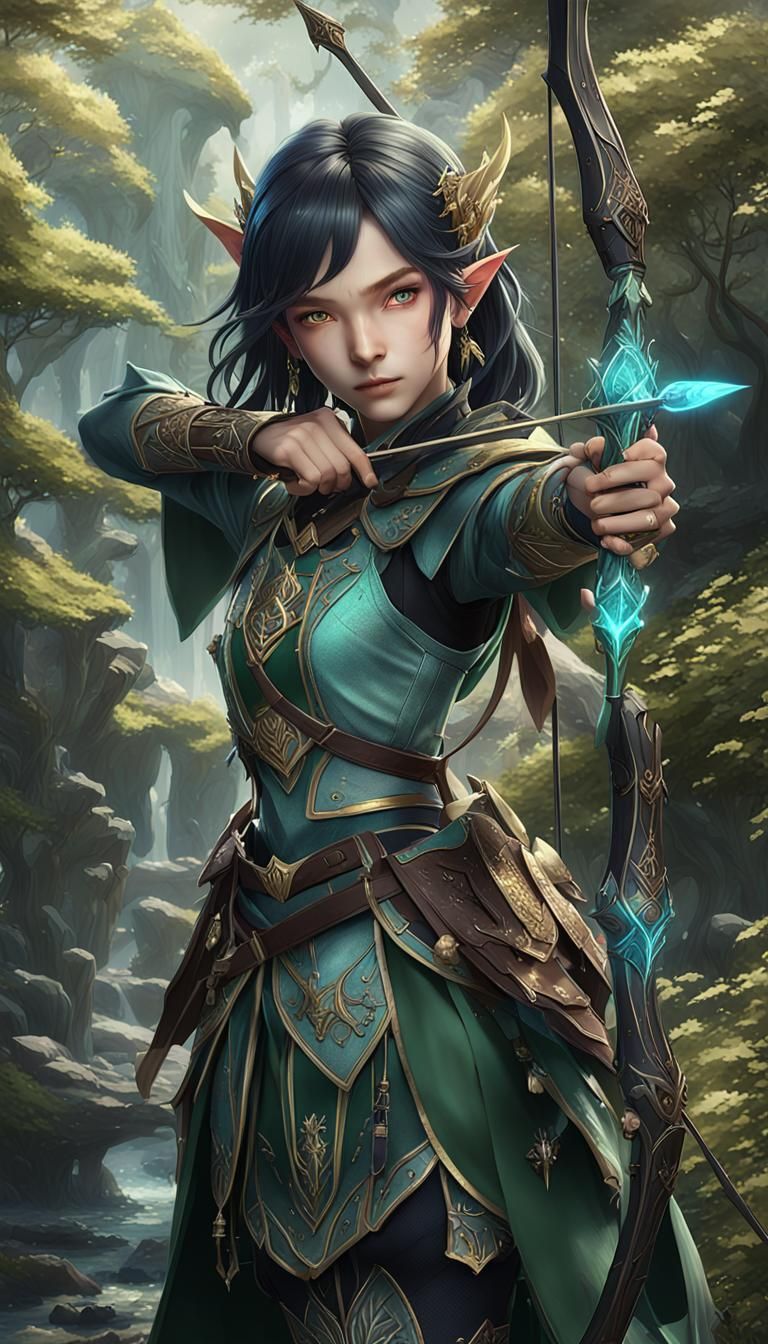 High fantasy: elf master archer: 16k resolution photorealistic ...