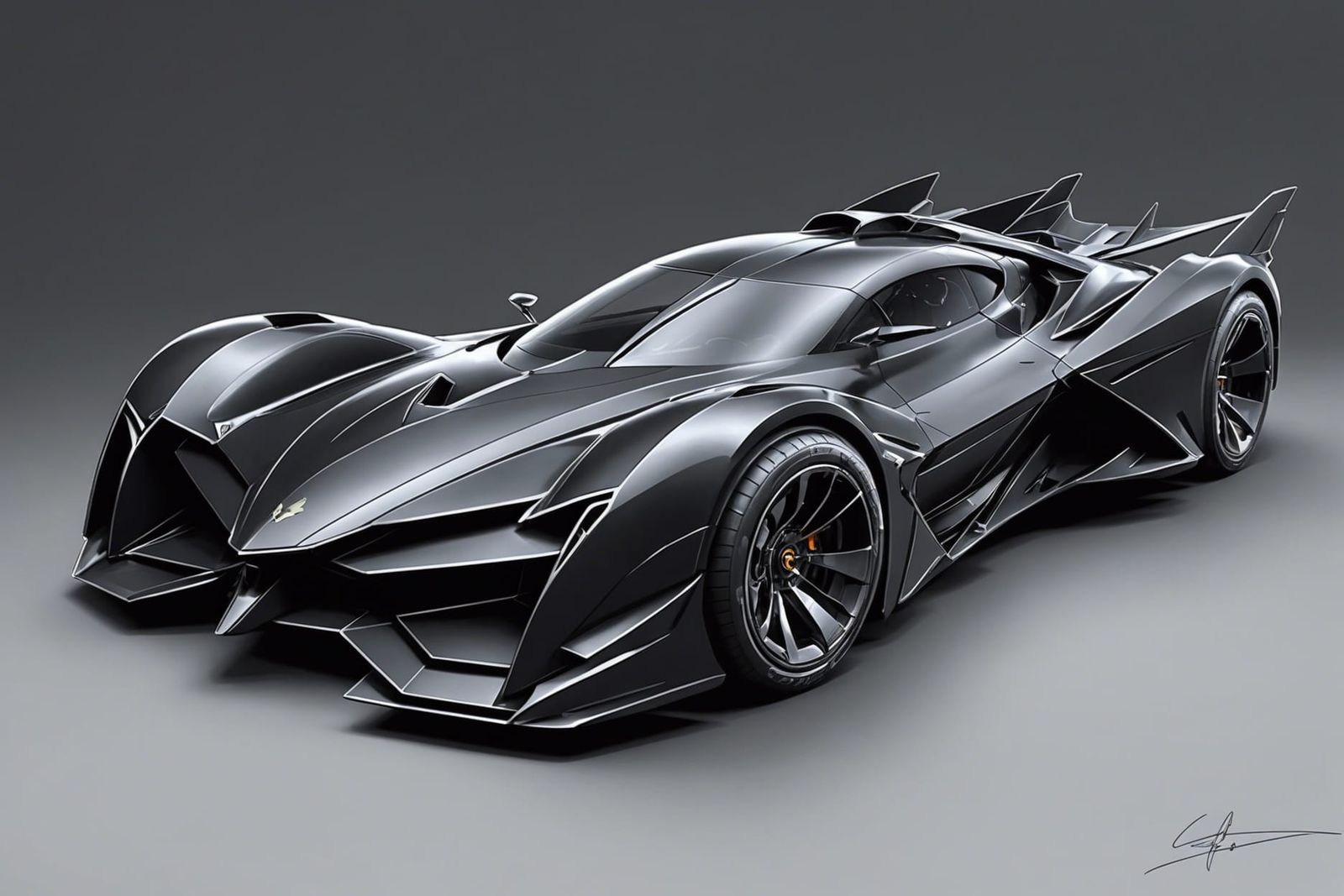 full calligraphy a sketch of a futuristic Batmobile concept design, bio ...